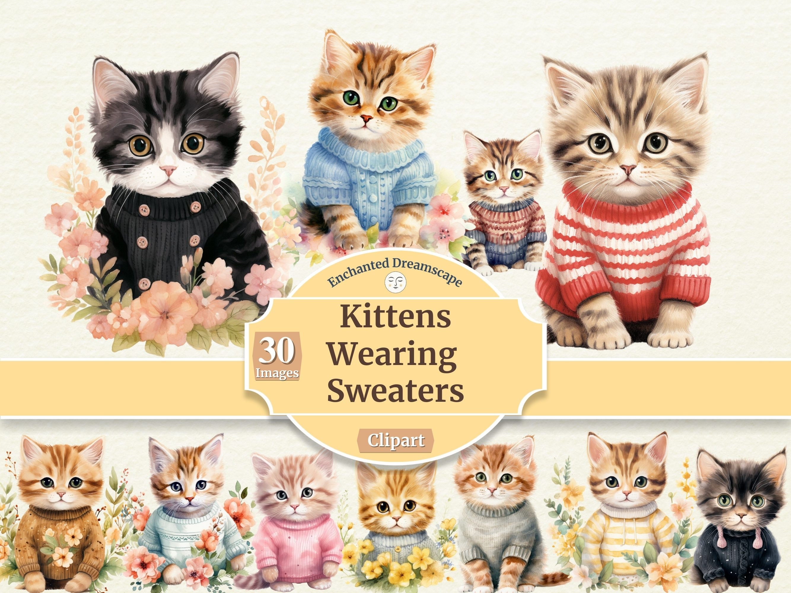 Kittens Wearing Sweaters Clipart Watercolour Kittens Cat Sublimation ...
