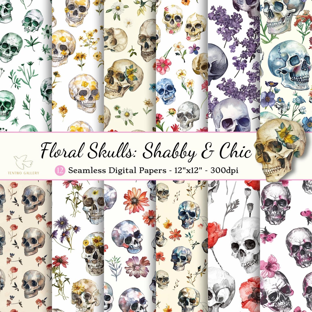 Floral Skulls Seamless Digital Paper, Printable Shabby & Chic Scrapbook ...