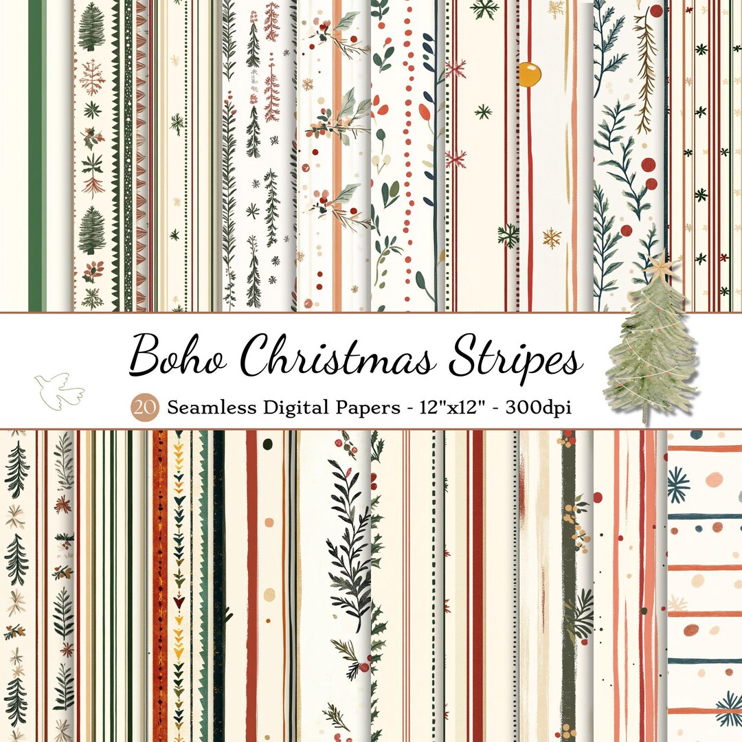 Boho Christmas Stripes Seamless Digital Paper, Printable Holiday ...