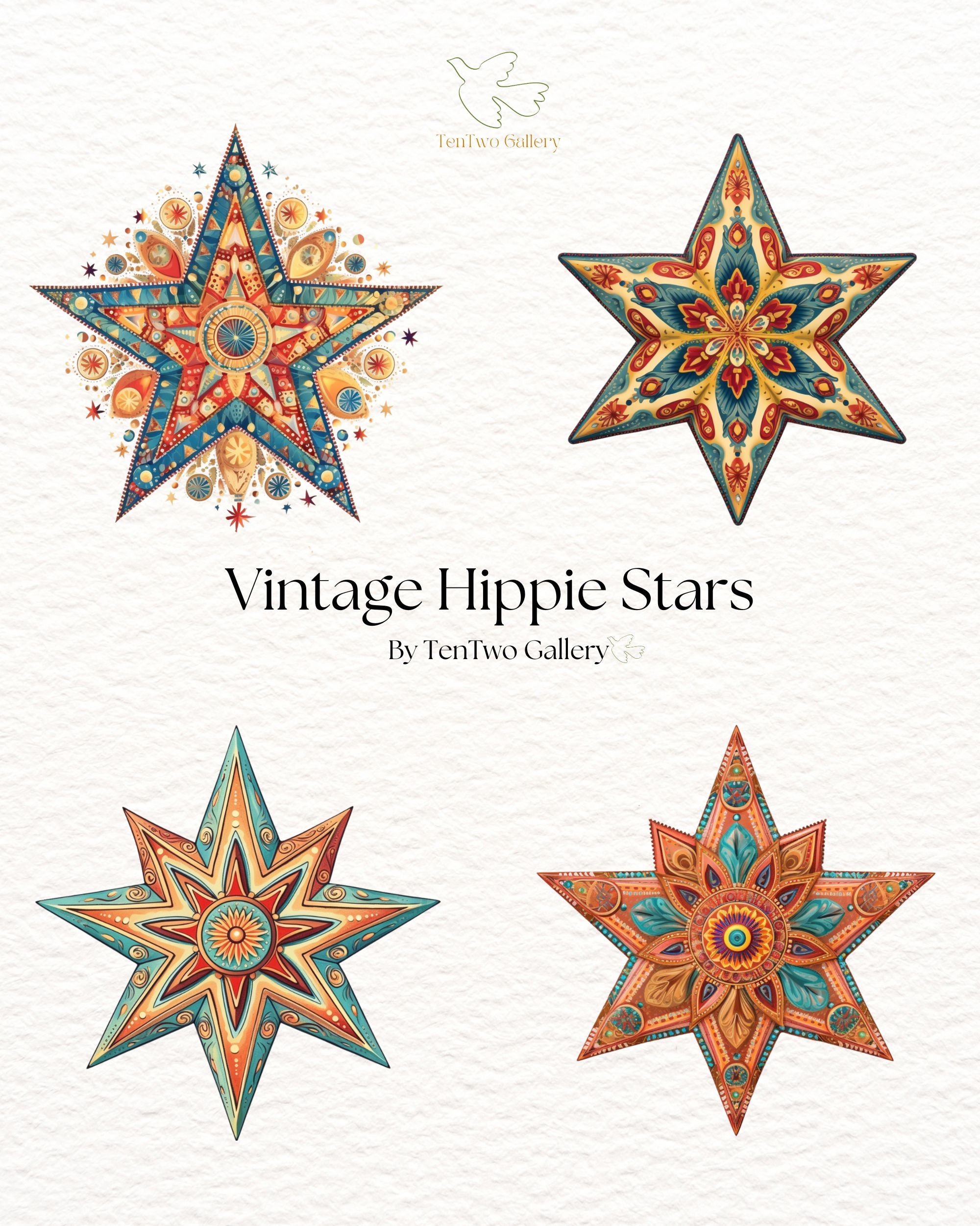 Vintage Hippie Stars Clipart Stars PNG Groovy Stars Illustrations Boho ...