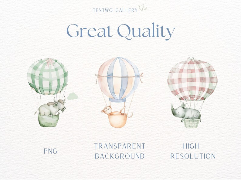 Animals in Hot Air Balloons Clipart, Cute Watercolor Safari Animals ...