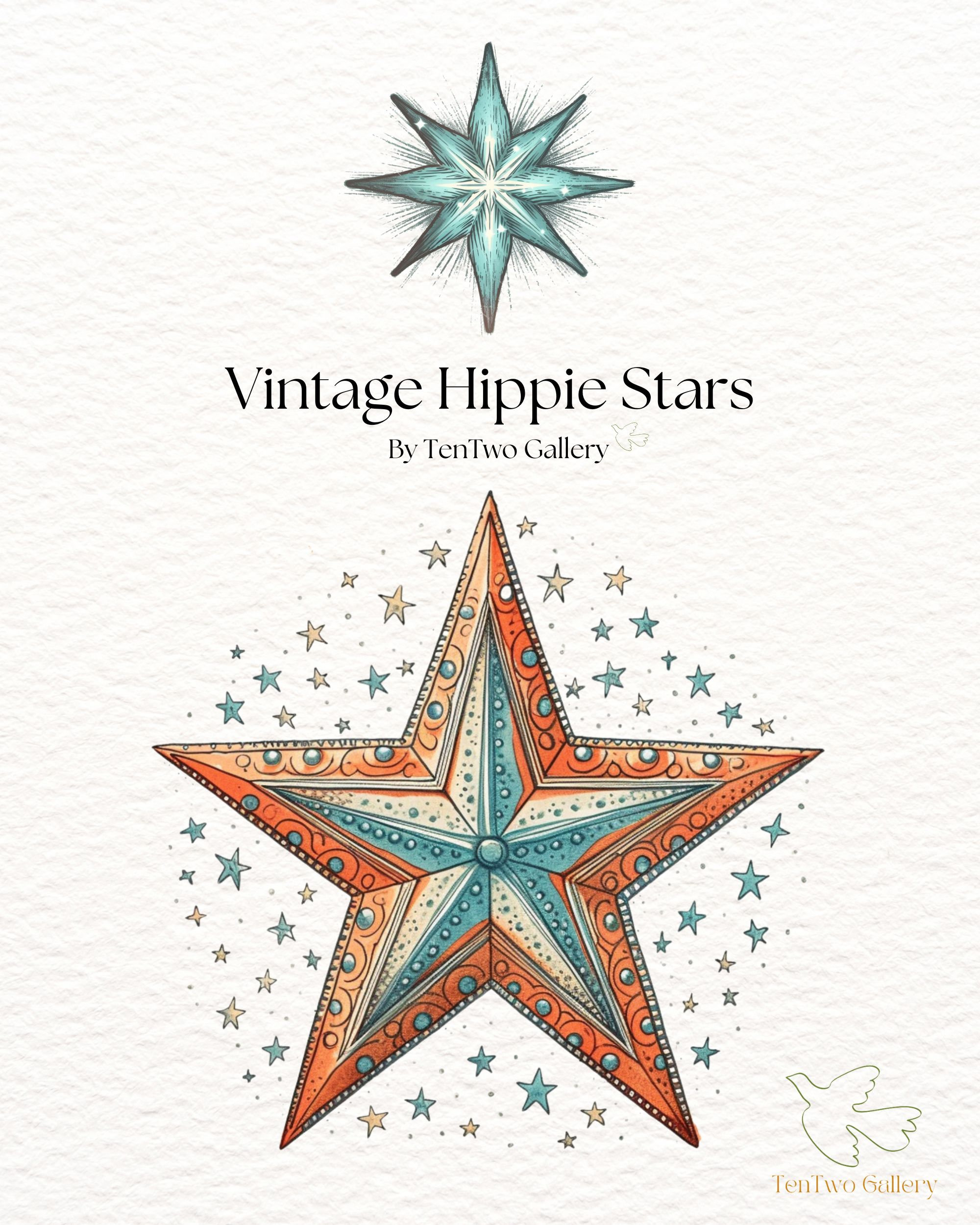 Vintage Hippie Stars Clipart Stars PNG Groovy Stars Illustrations Boho ...