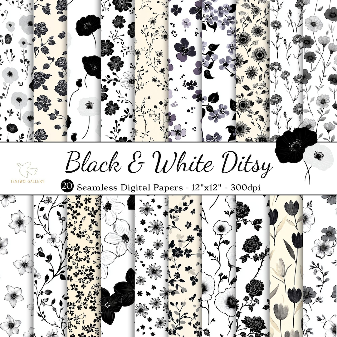 Black & White Ditsy Floral Seamless Digital Paper, Printable Floral ...