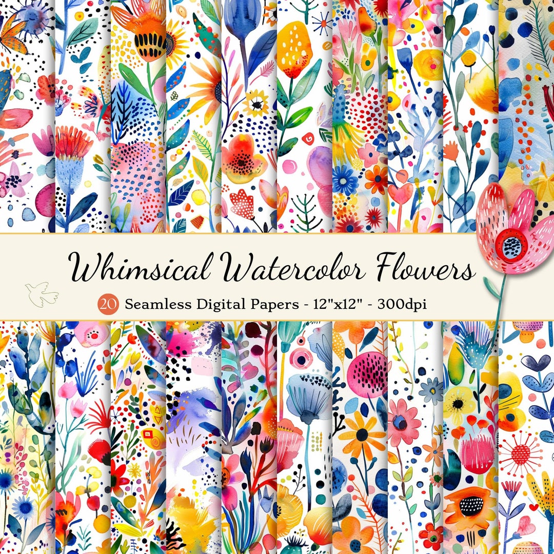 Whimsical Watercolor Flowers Seamless Digital Paper, Floral Printable ...
