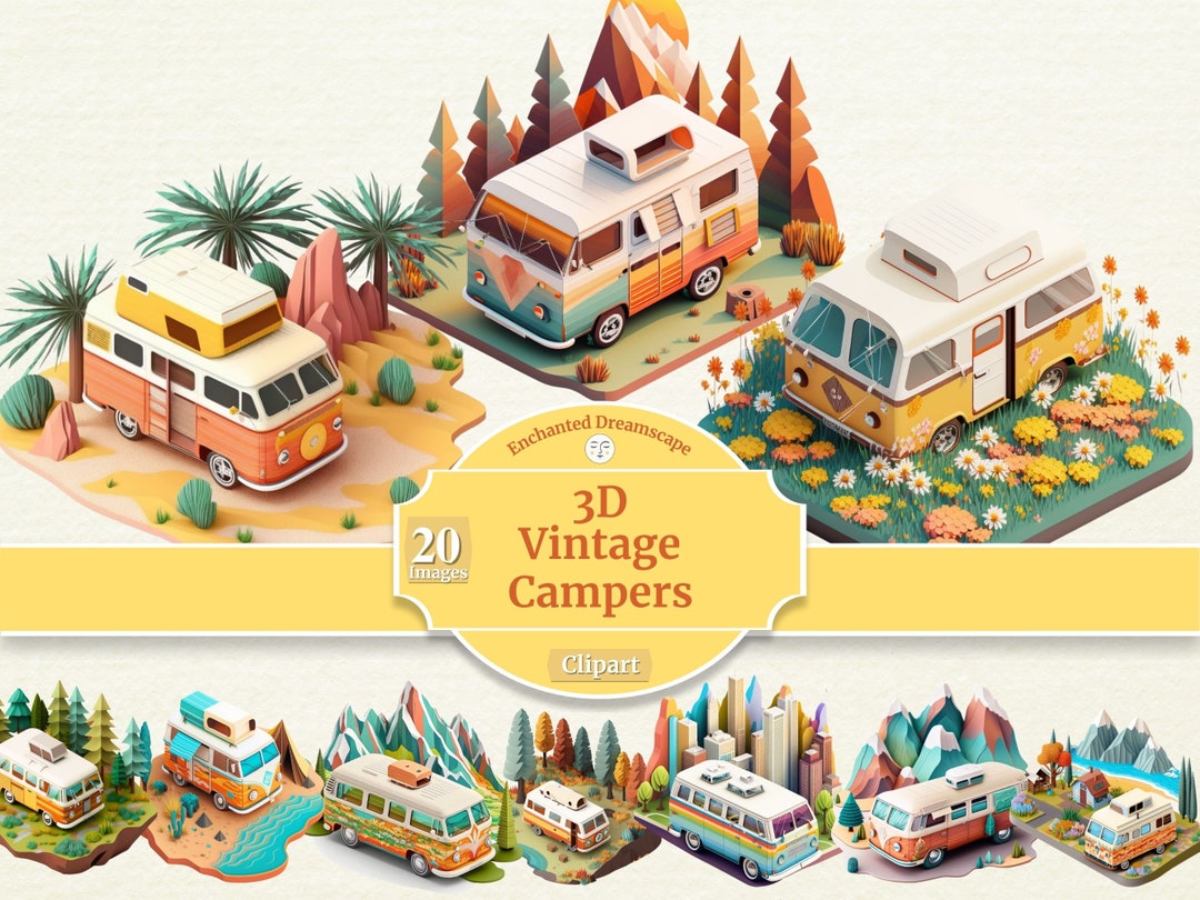 3-D Vintage Campers Clipart | Vintage Camper Vans Bundle | Commercial ...