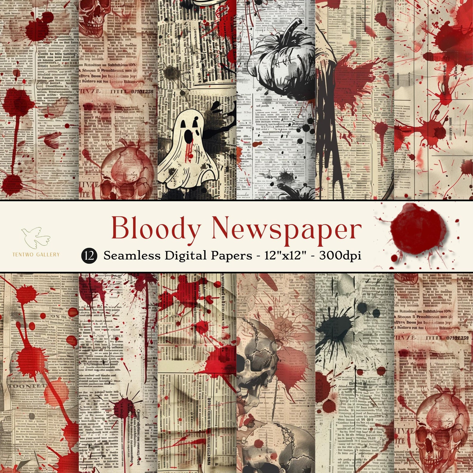 Bloody Newspaper Seamless Digital Paper, Printable Spooky Scrapbook ...