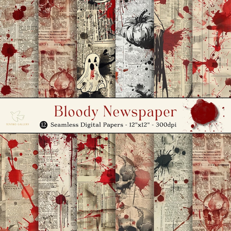 Bloody Newspaper Seamless Digital Paper, Printable Spooky Scrapbook ...