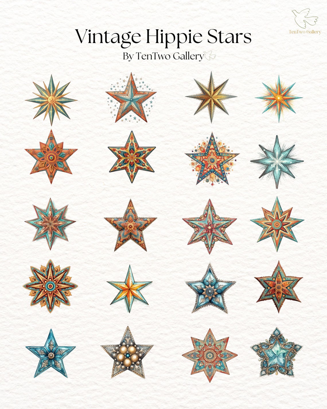 Vintage Hippie Stars Clipart Stars PNG Groovy Stars Illustrations Boho ...