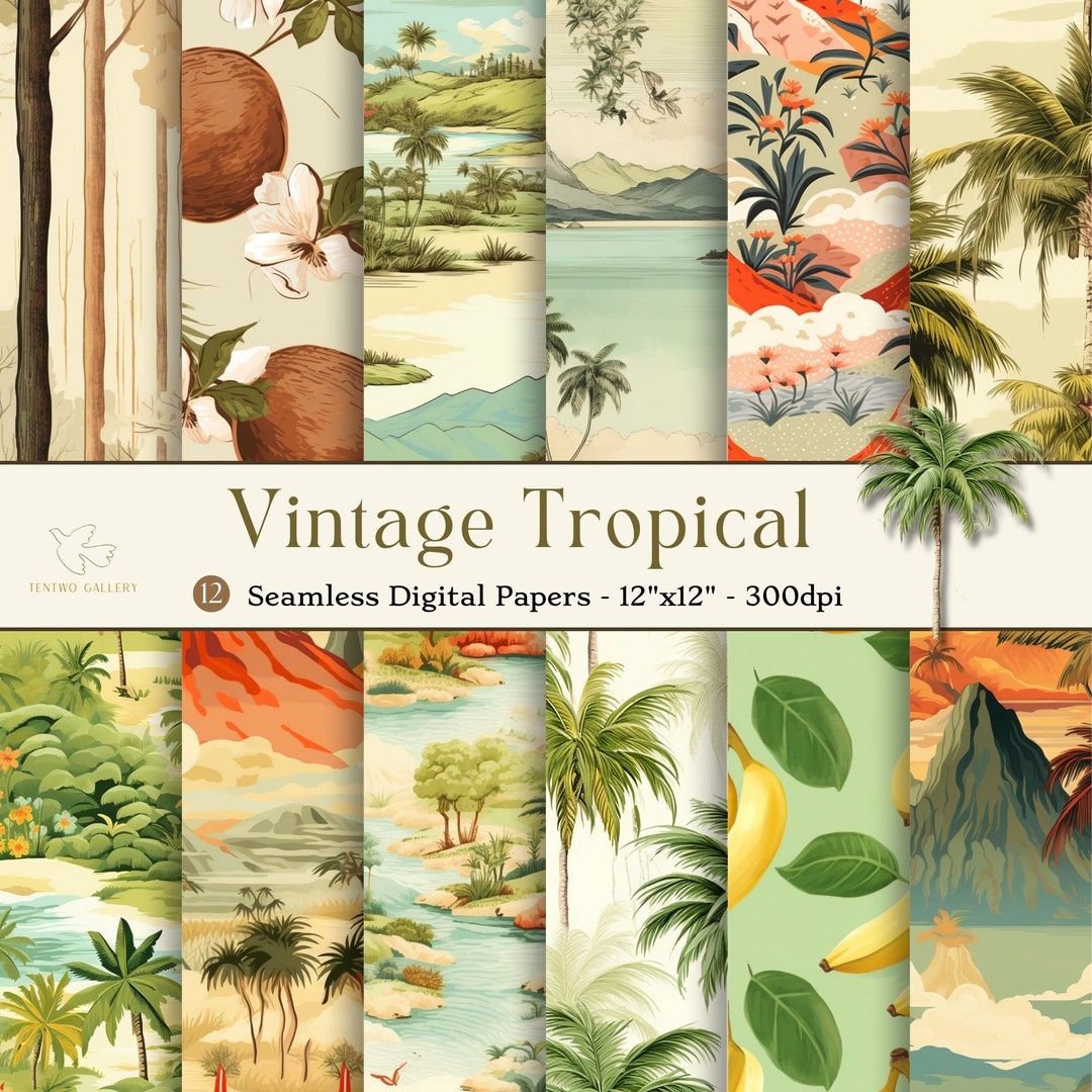 Vintage Tropical Seamless Digital Paper, Printable Tropical Island ...