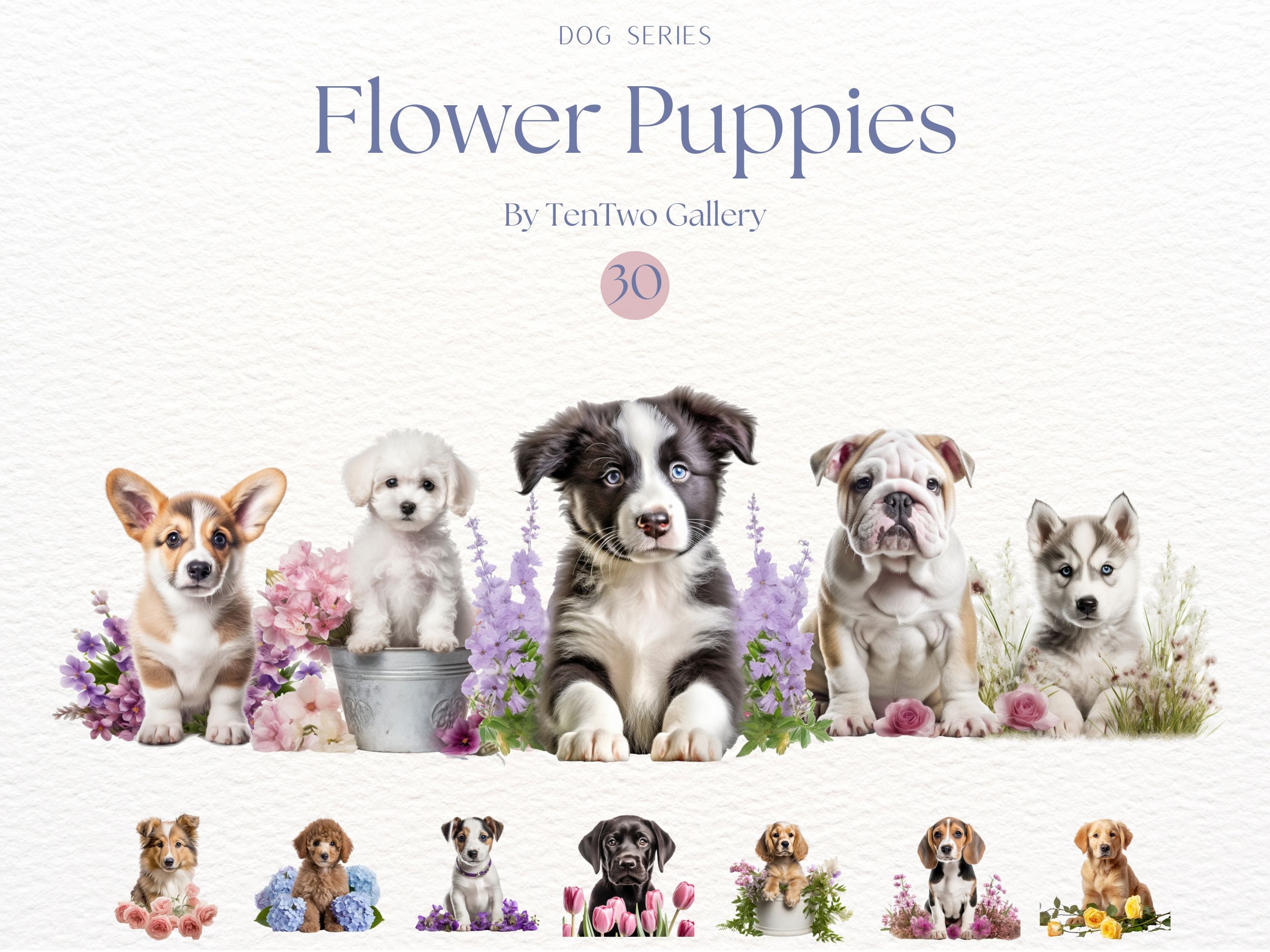 Cute Puppies With Flowers Clipart, Adorable Puppy Dogs Clipart, Dog ...