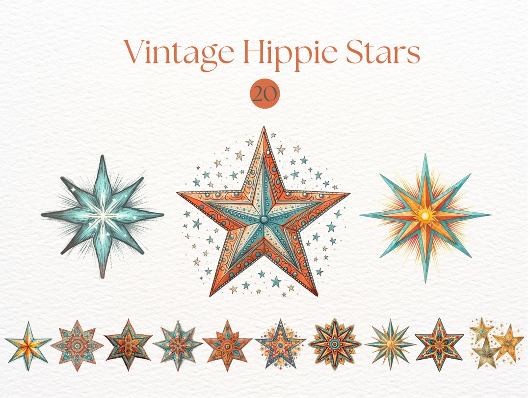 Vintage Hippie Stars Clipart | Stars PNG | Groovy Stars Illustrations ...