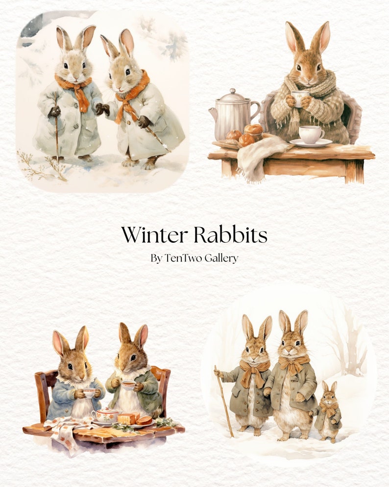 Winter Rabbits Clipart Watercolor Bunny Clipart Cute Winter Animals ...