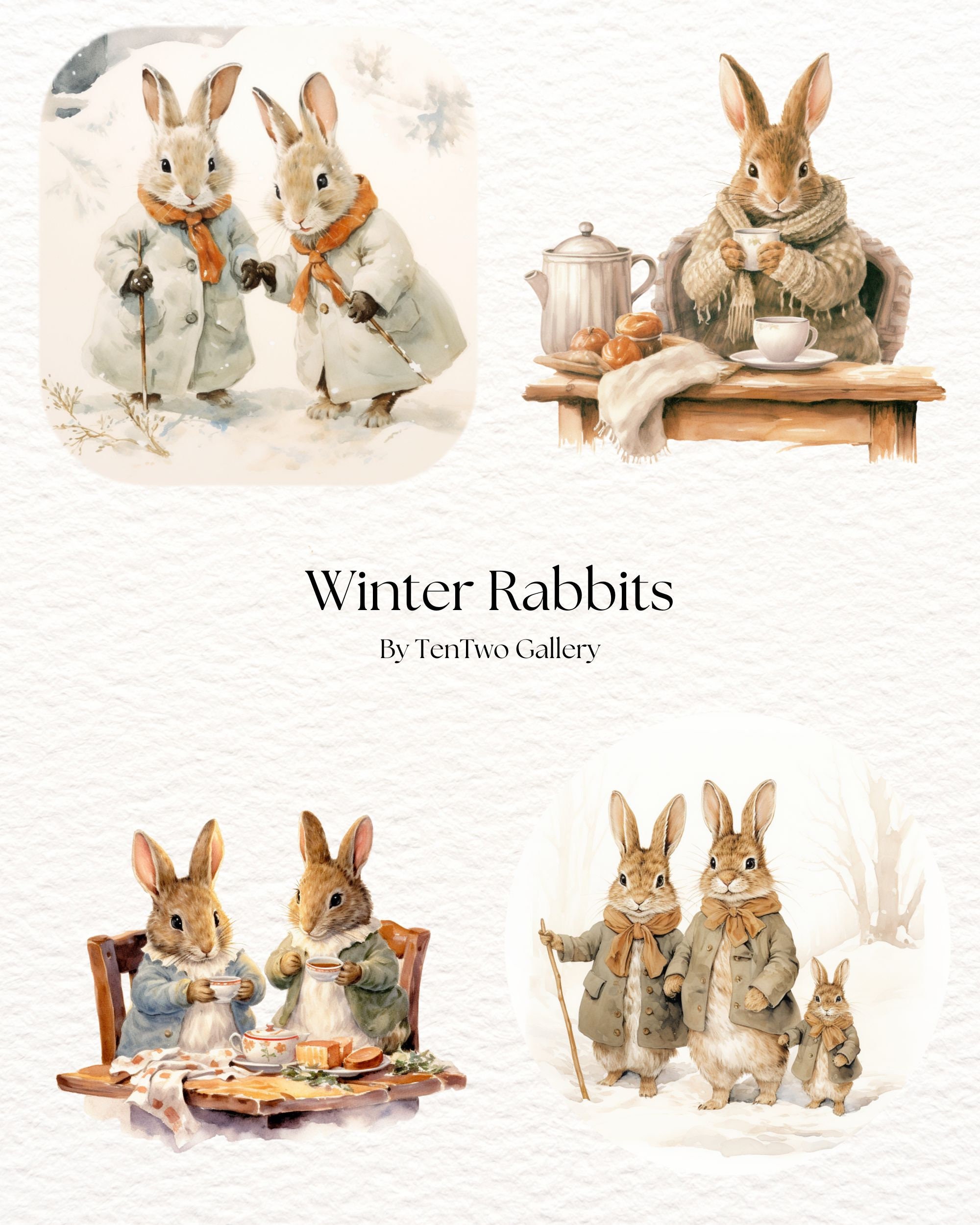 Winter Rabbits Clipart Watercolor Bunny Clipart Cute Winter Animals ...