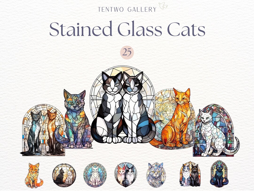 Stained Glass Cats Clipart, Coloured Glass Cats, Cute Kitten Designs ...