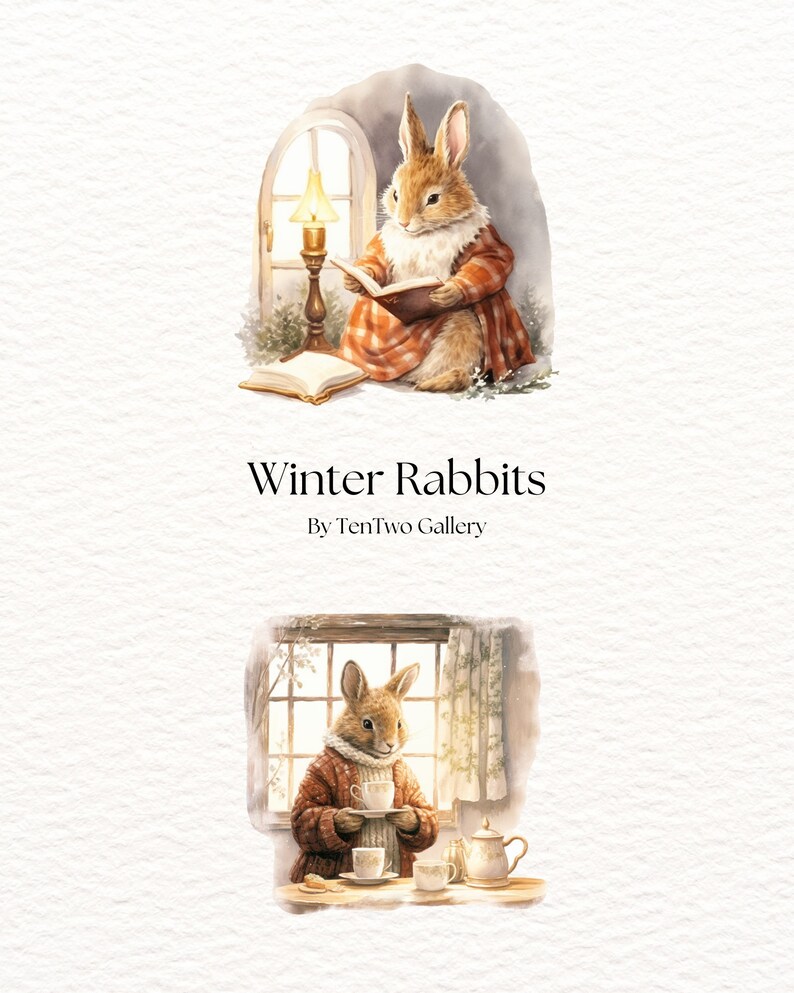 Winter Rabbits Clipart | Watercolor Bunny Clipart | Cute Winter Animals ...