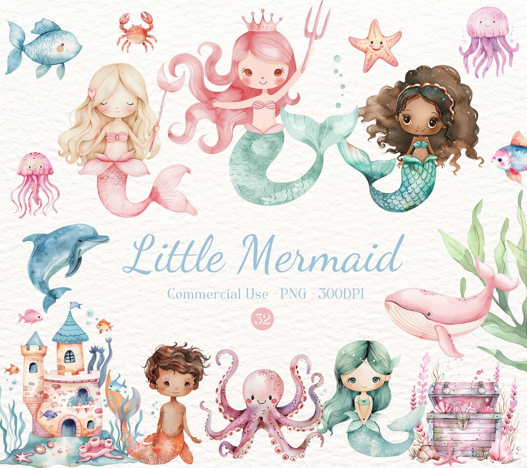 Little Mermaid Clipart, Cute Mermaid PNG, Pink Mermaid, Under the Sea ...
