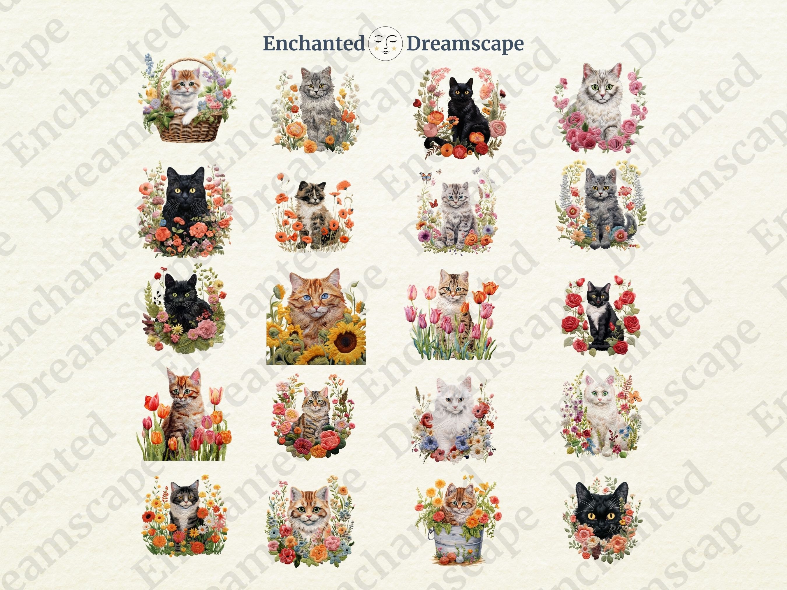 Embroidered Cats Clipart Bundle Cats With Flowers - Etsy