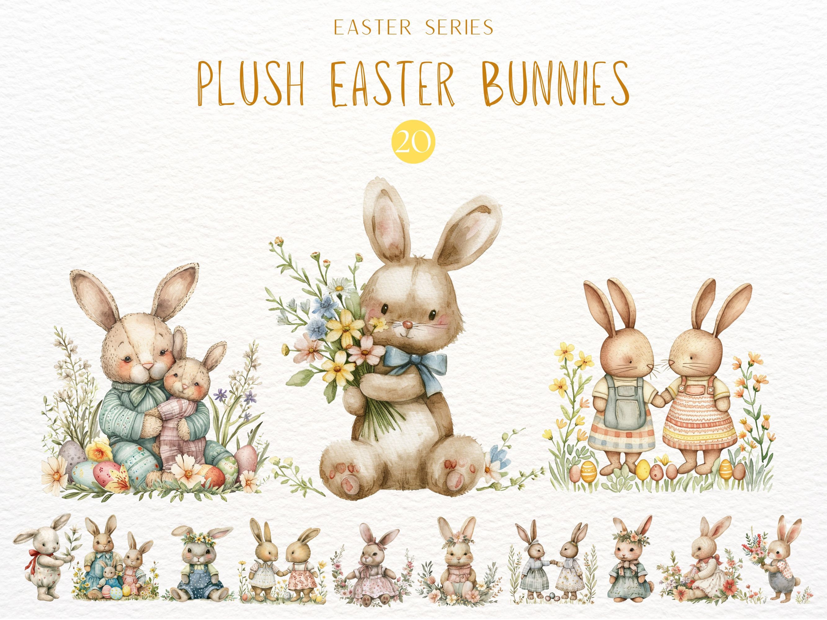 Easter Bunnies Clipart, Cute Plush Toy Bunny Clipart, Watercolor Floral ...