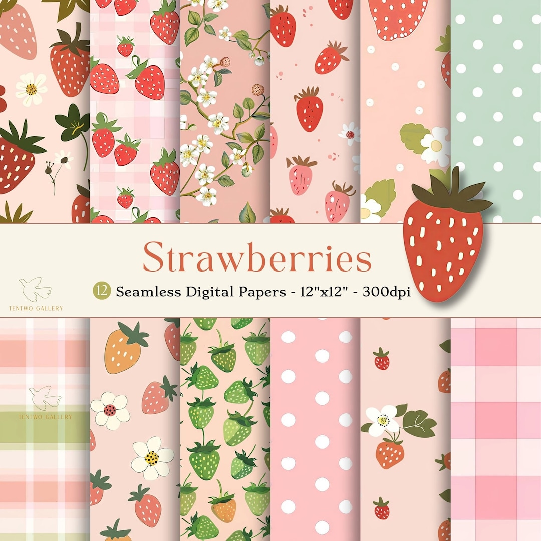 Strawberry Printable Paper, Seamless Digital Strawberry Paper, Digital ...
