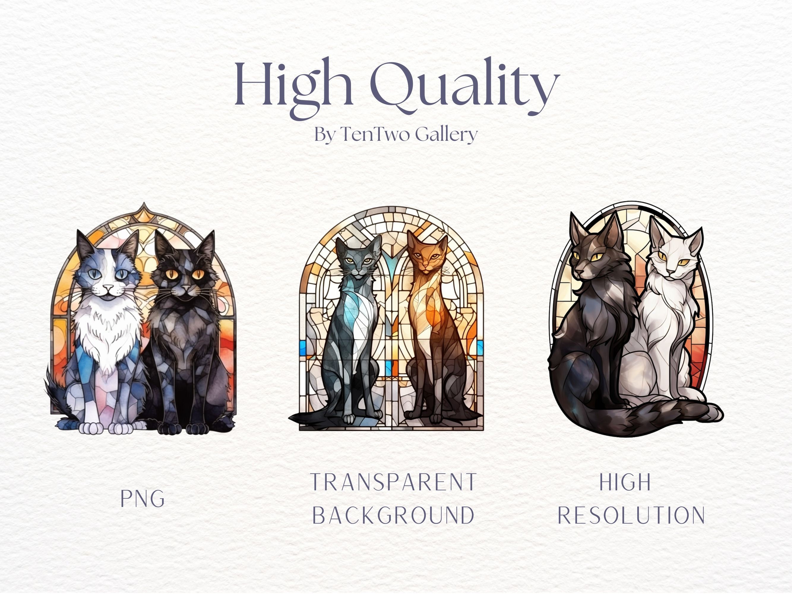 Stained Glass Cats Clipart, Coloured Glass Cats, Cute Kitten Designs ...