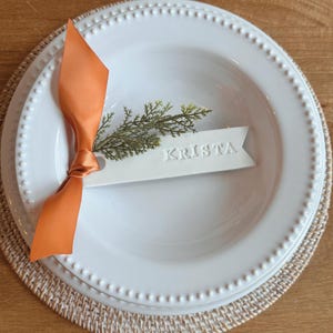 Personalized Clay Place Cards: Faux Greenery & Velvet Ribbon - Etsy