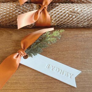 Personalized Clay Place Cards: Faux Greenery & Velvet Ribbon - Etsy
