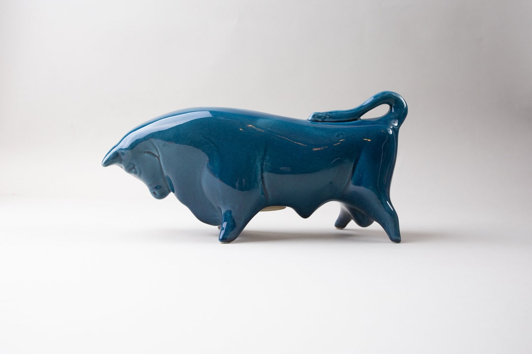 Vintage Mid Century Petrol Blue Bull Figurine Money Box Made in England ...