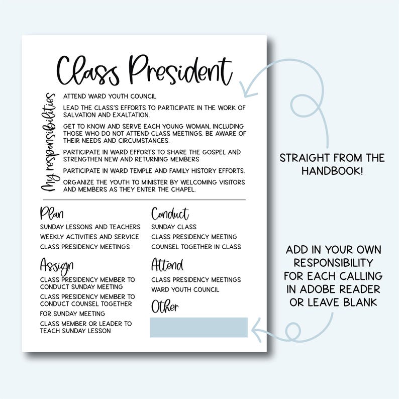 Class Presidency Responsibilities Sheets for Class President, 1st and ...
