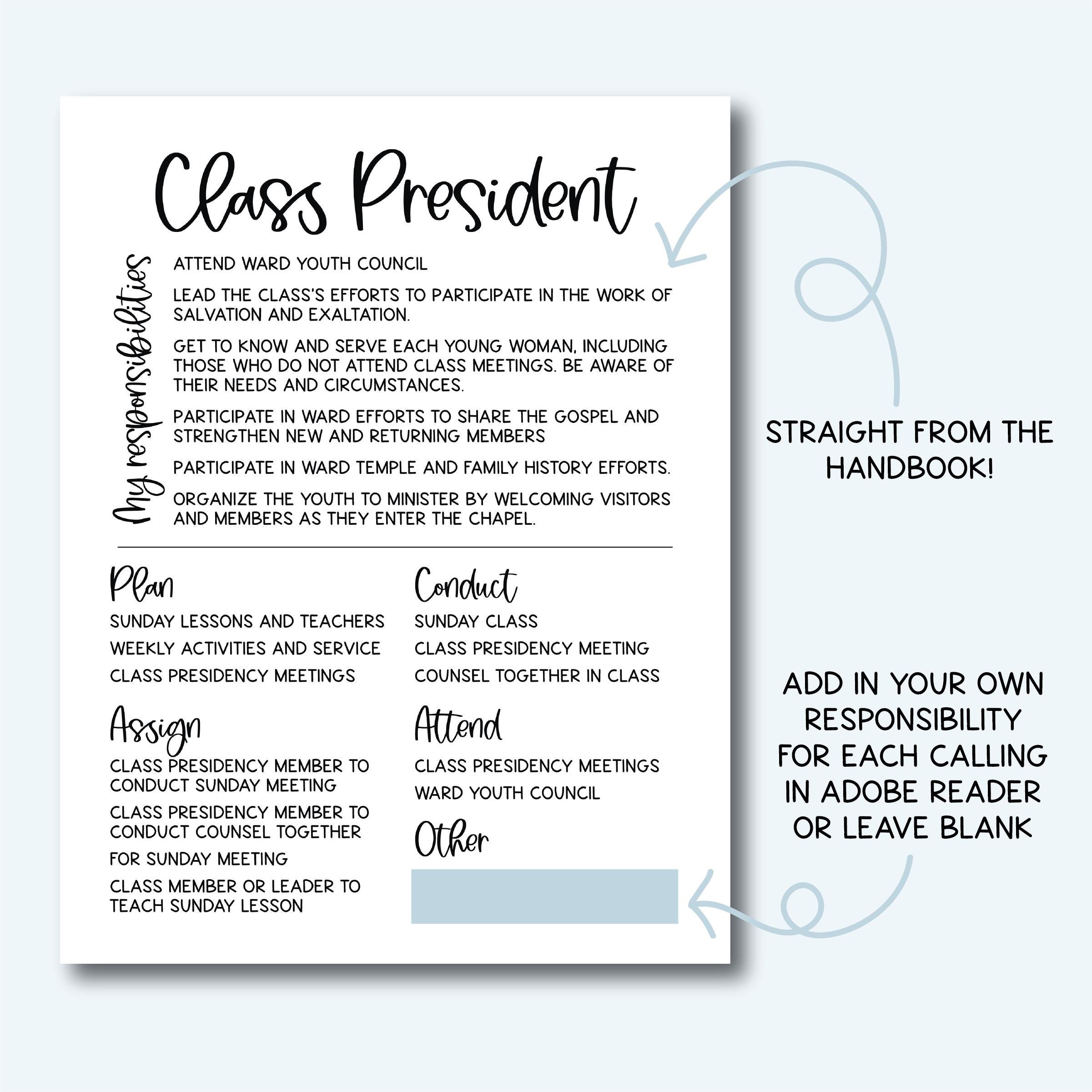 Class Presidency Responsibilities Sheets for Class President, 1st and ...