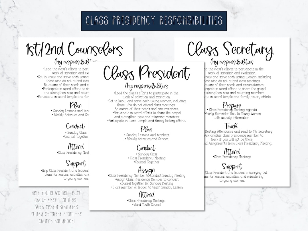 Class Presidency Responsibilities Sheets for Class President, 1st and ...