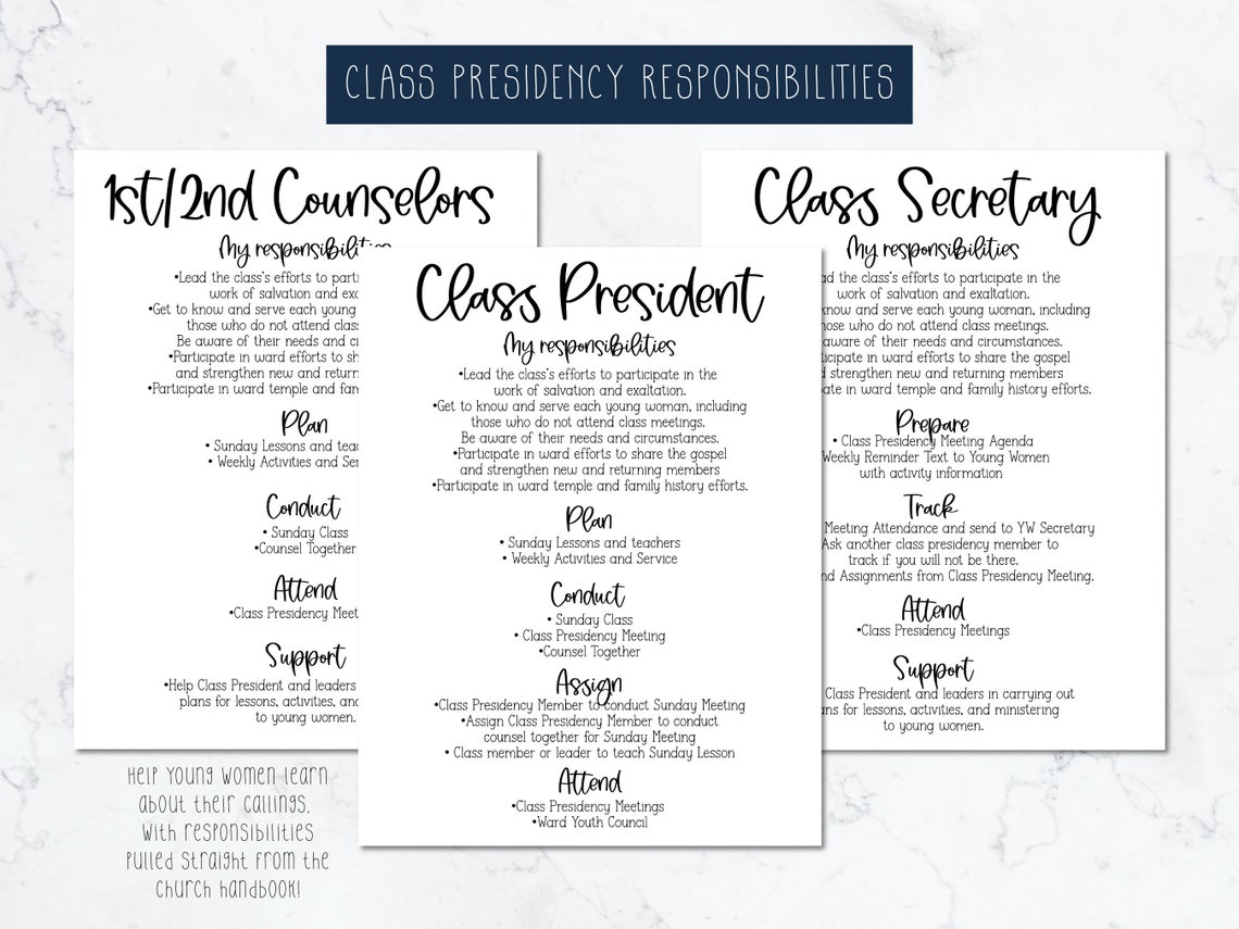 Class Presidency Responsibilities Sheets for Class President, 1st and ...