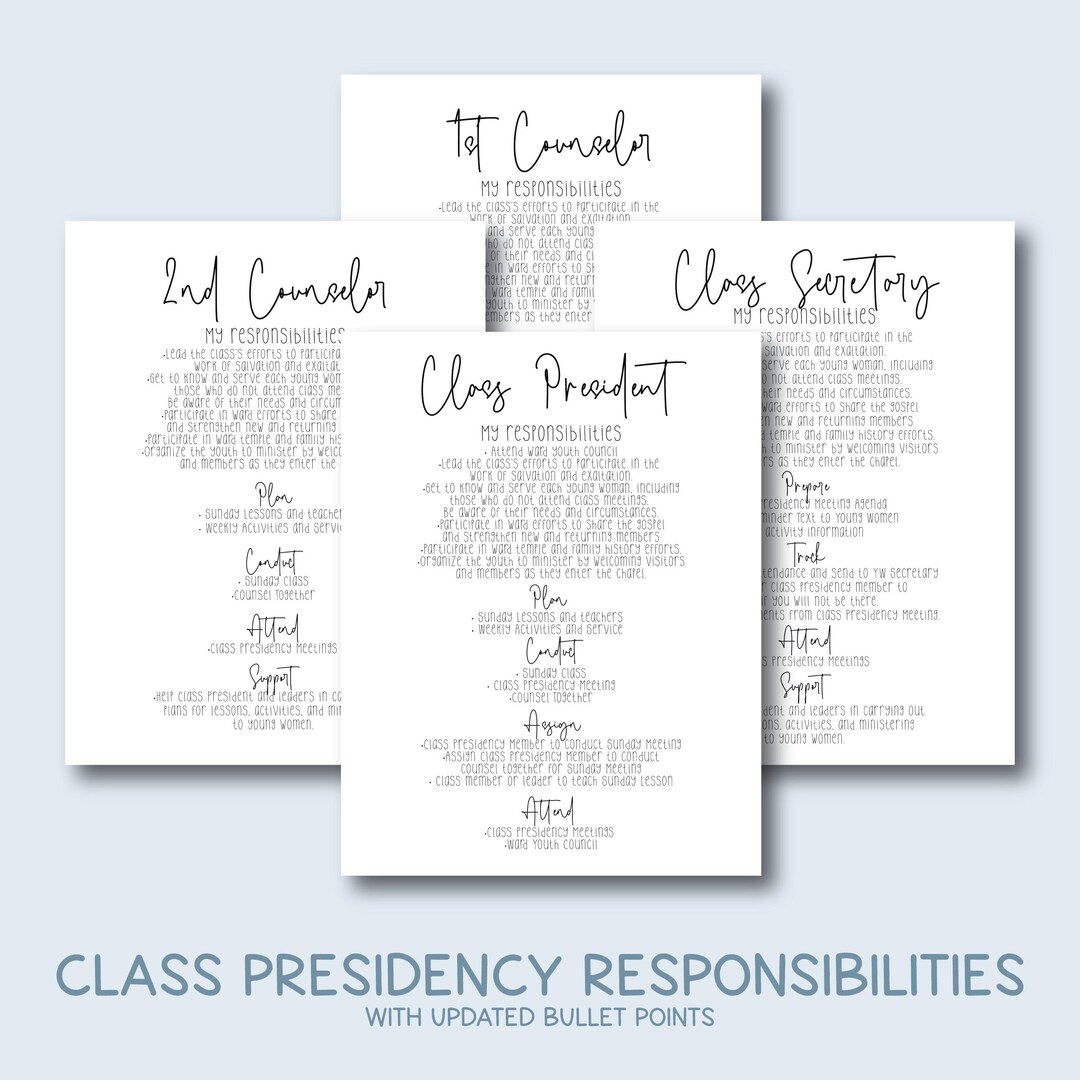 Class Presidency Responsibilities Sheets for Class President, 1st and ...