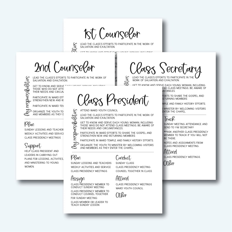 Class Presidency Responsibilities Sheets for Class President, 1st and ...