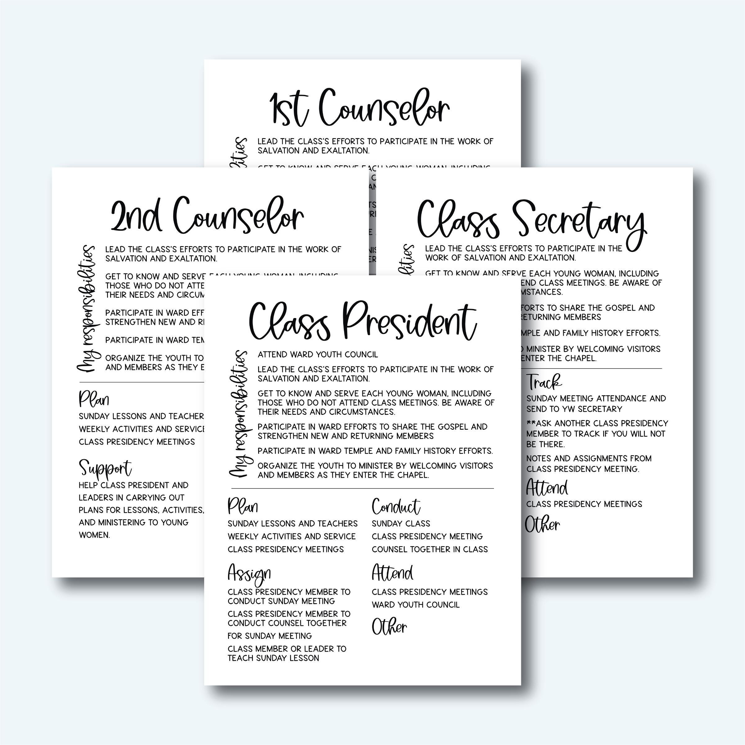 Class Presidency Responsibilities Sheets for Class President, 1st and ...