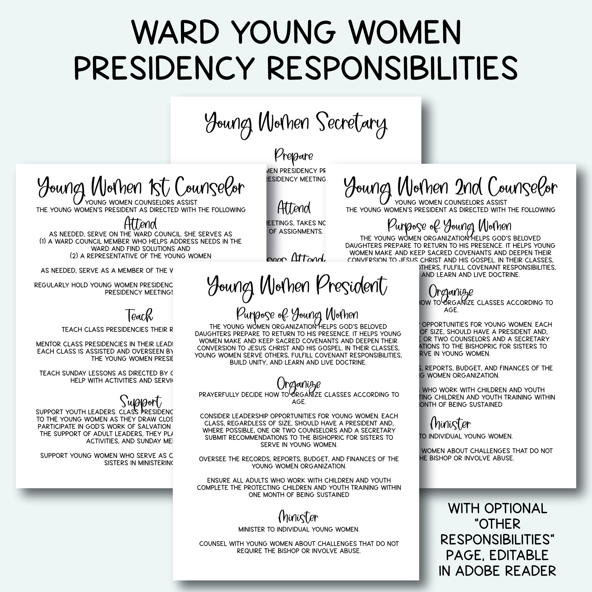 Ward Young Women Presidency Responsibilities Sheets for YW President ...