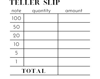 Reusable Teller Slip Cash Breakdown Slip Cash Withdrawal Slip Bank Slip ...