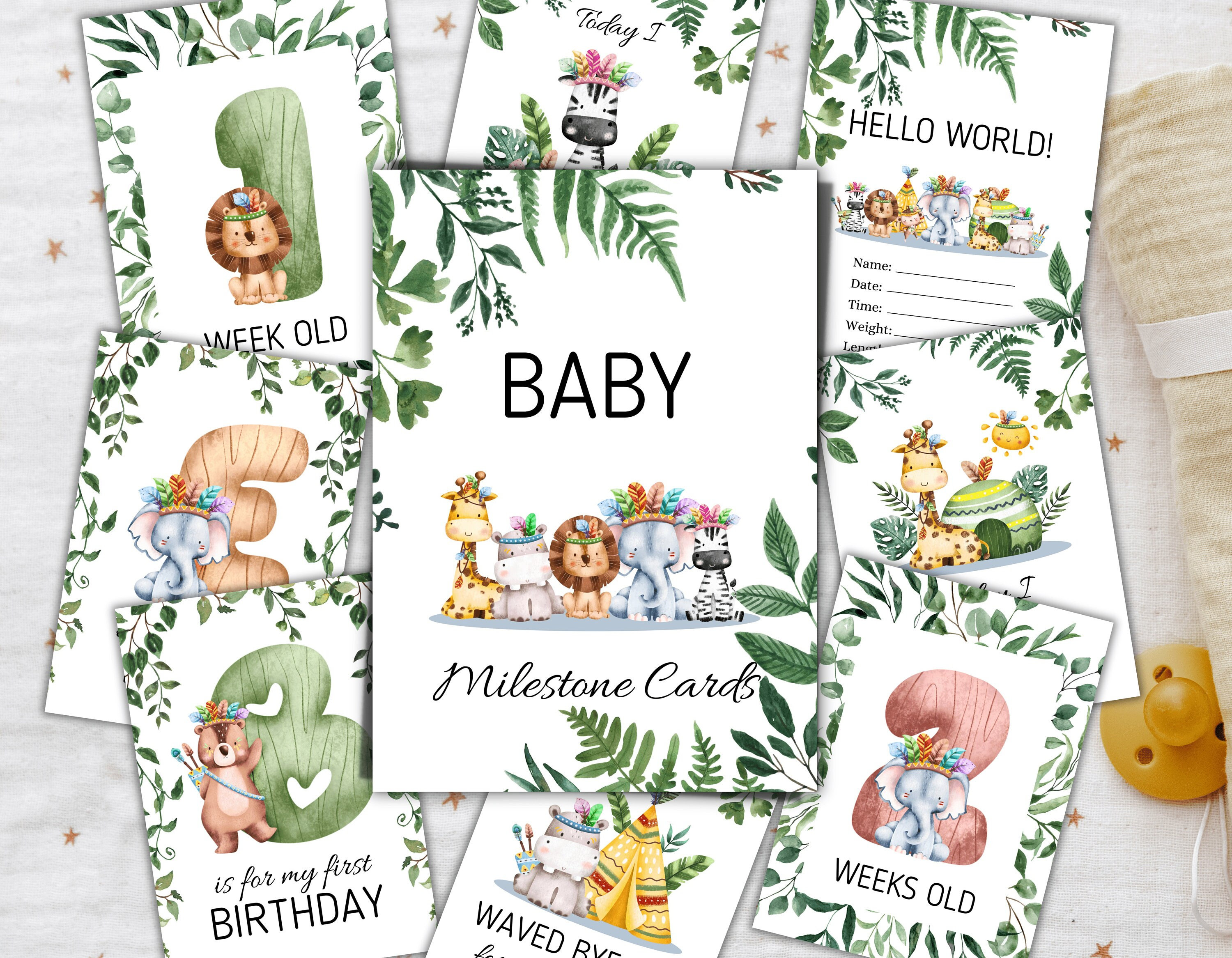 Digital Baby Milestone Cards, Safari Animals, Set of 33, Printable Baby ...