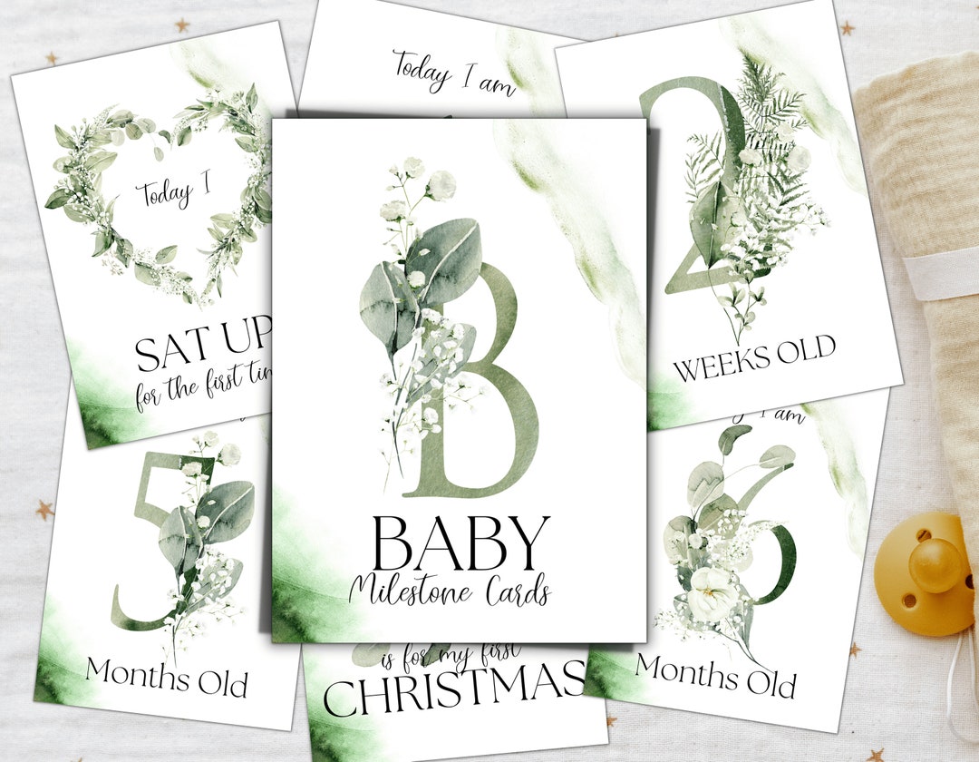 Watercolor Greenery Baby Milestone Cards, Set of 33 Green Compositions ...