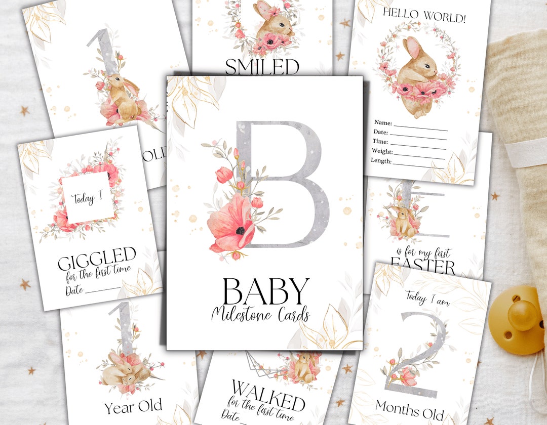 Baby Milestone Bunny Card, Pink Bouquet Style, Set of 33, Printable ...