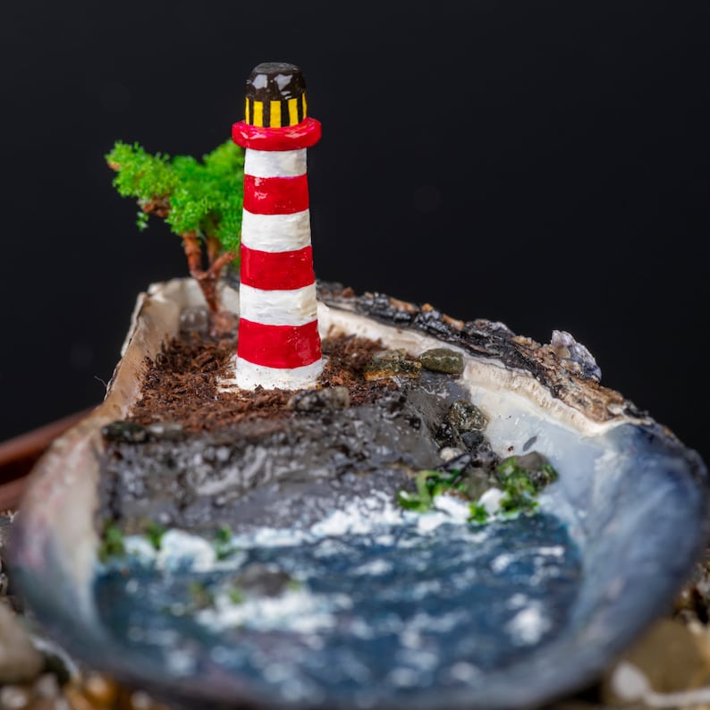 Miniature Lighthouse Diorama: Mussel Shell Sea Life Display, Handmade ...