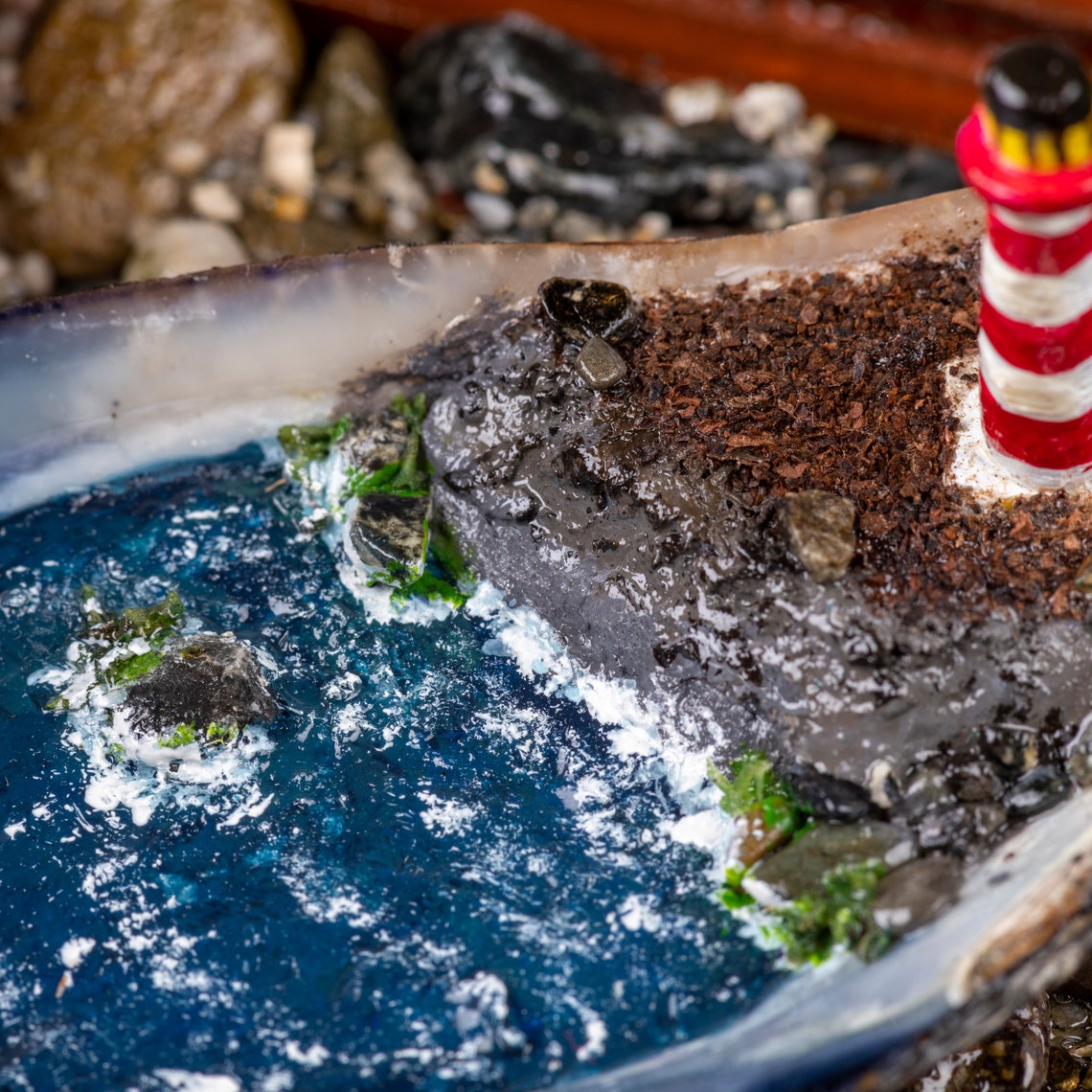 Miniature Lighthouse Diorama: Mussel Shell Sea Life Display, Handmade ...