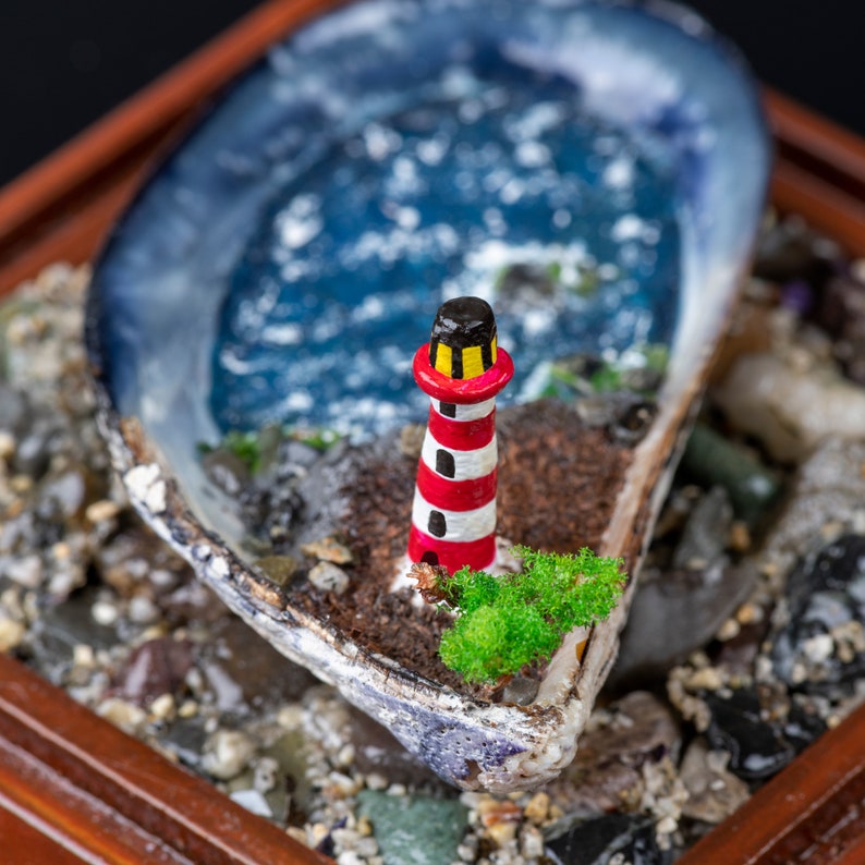 Miniature Lighthouse Diorama: Mussel Shell Sea Life Display, Handmade ...