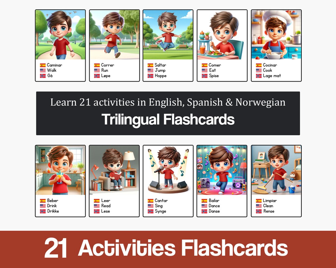Activities Flashcards to Learn English Spanish and Norwegian - Etsy