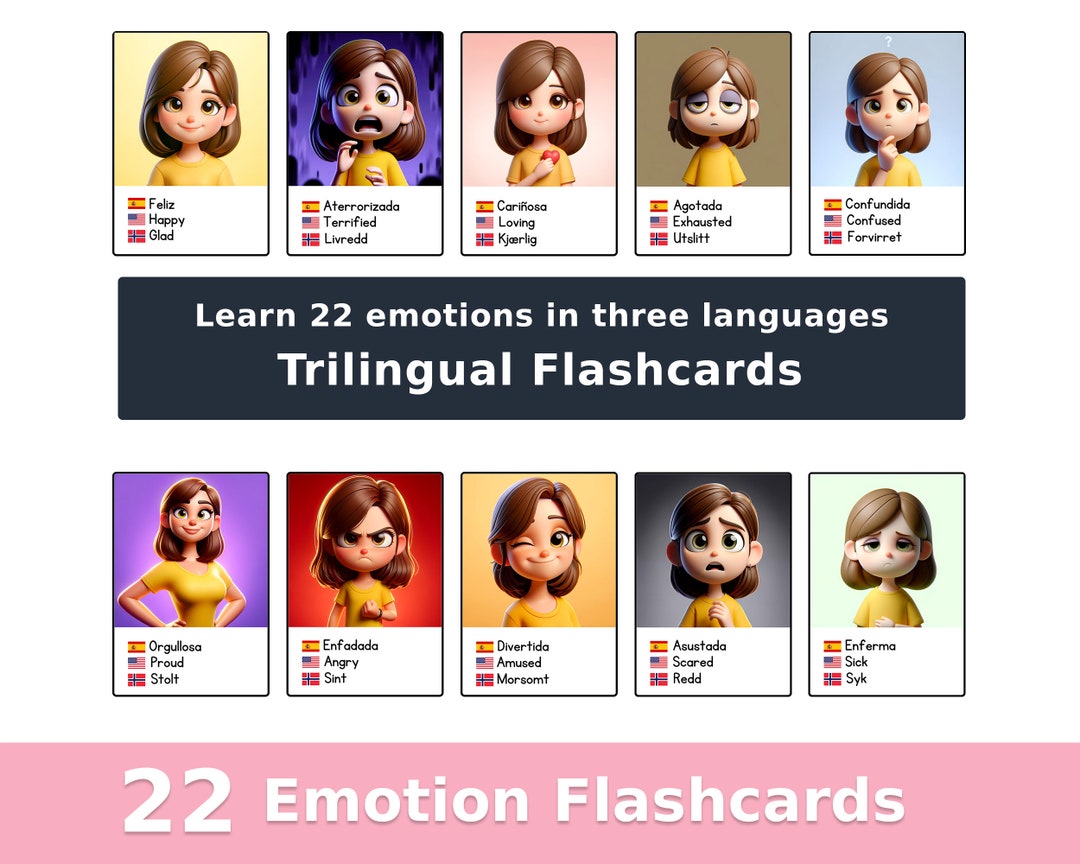 Emotions Flashcards to Learn English Spanish and Norwegian - Etsy