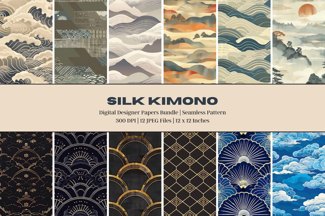12 Men Silk Kimono Digital Paper, Japanese Kimono, Slik Texture, Wave ...