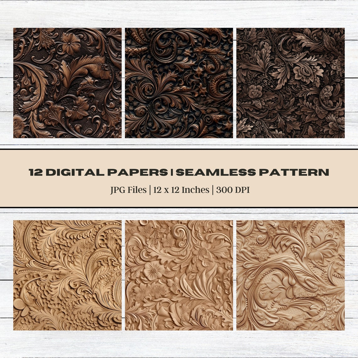 12 Embossed Leather Digital Paper, Leather Pattern, Floral Western ...