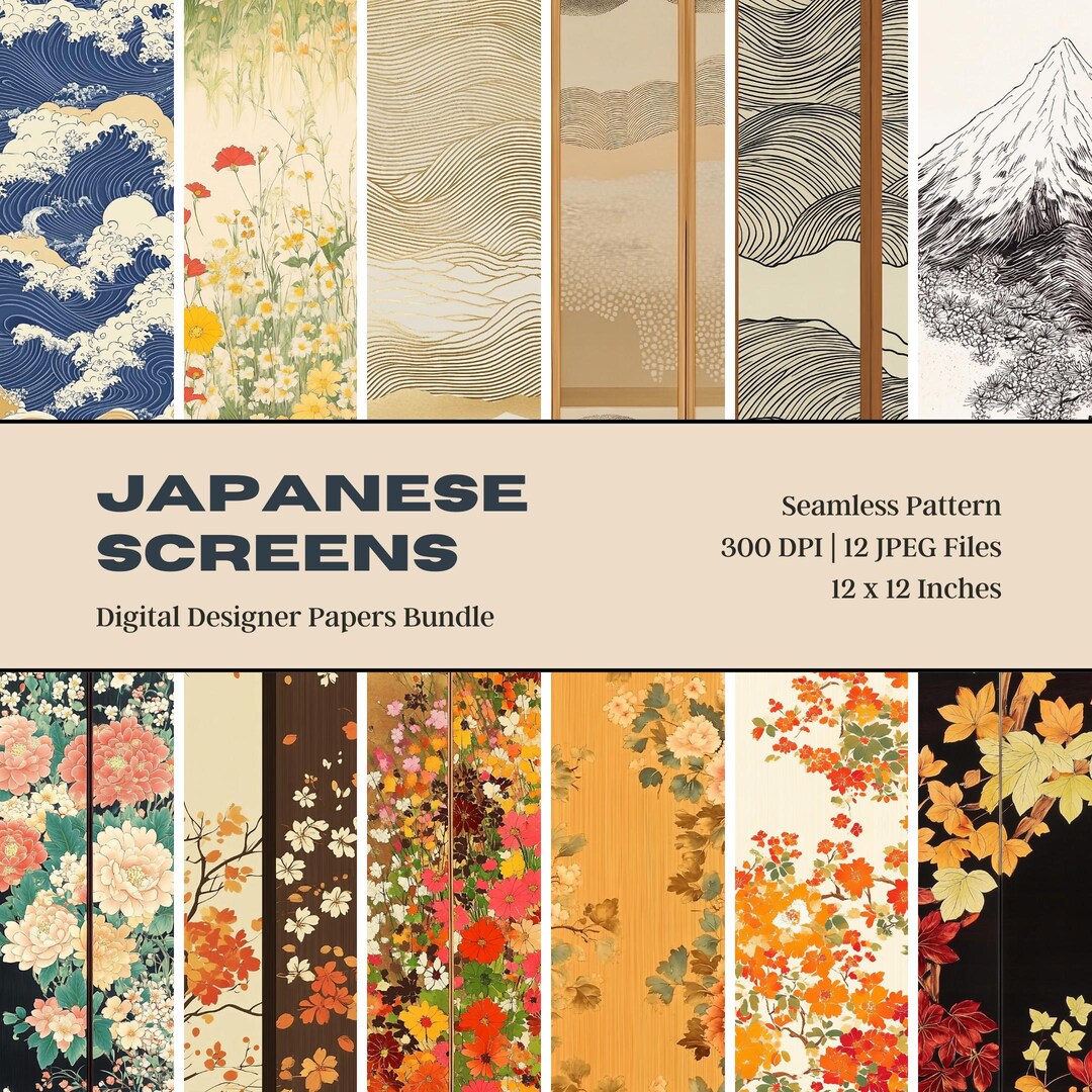 12 Japanese Folding Screens Digital Paper, Japanese Room Divider ...