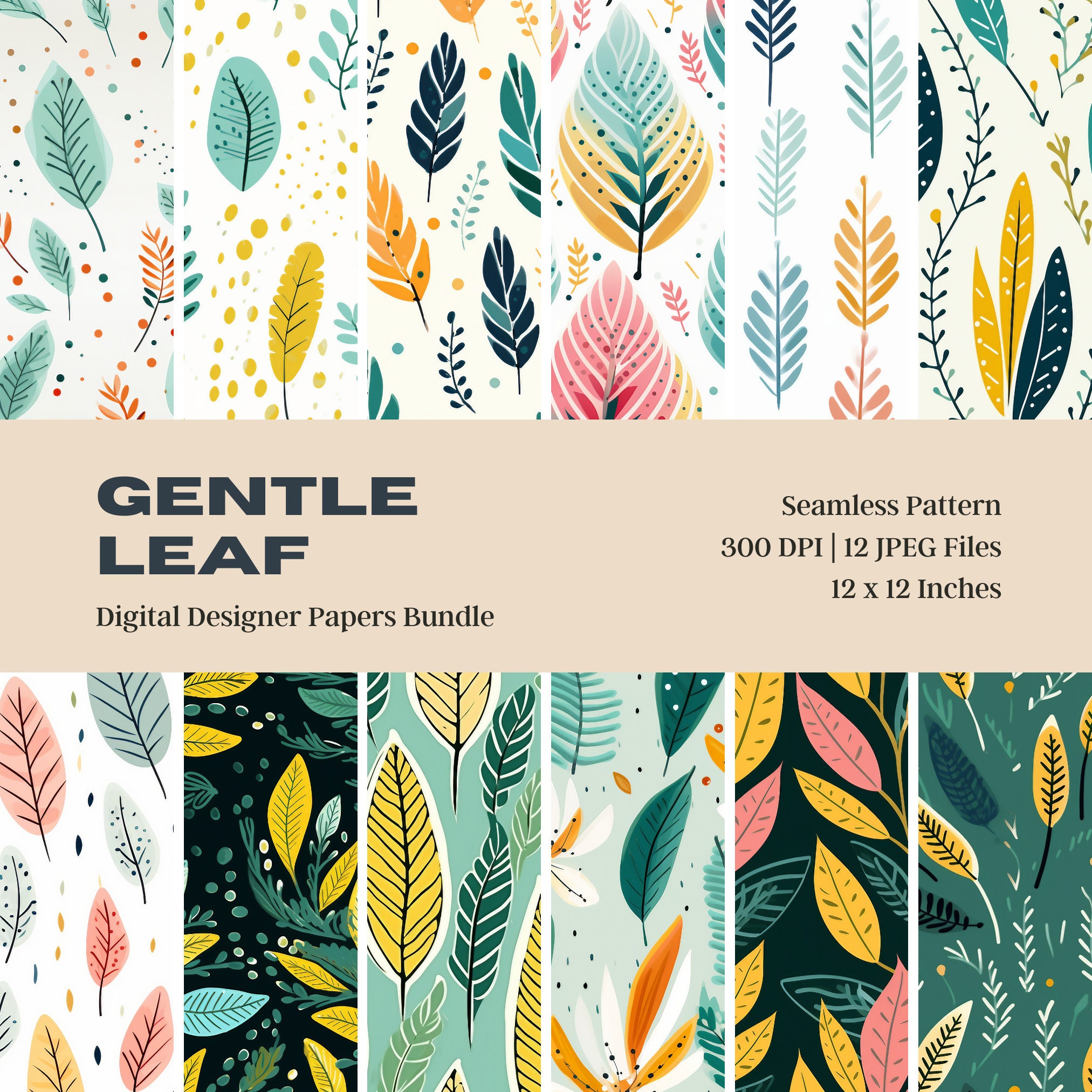 12 Gentle Leaf Digital Paper, Seamless Patterns, Water Scrapbook Papers ...