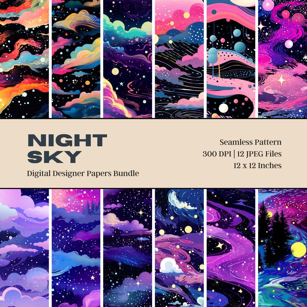 12 Colorful Night Sky Digital Paper, Seamless Patterns, Vibrant ...