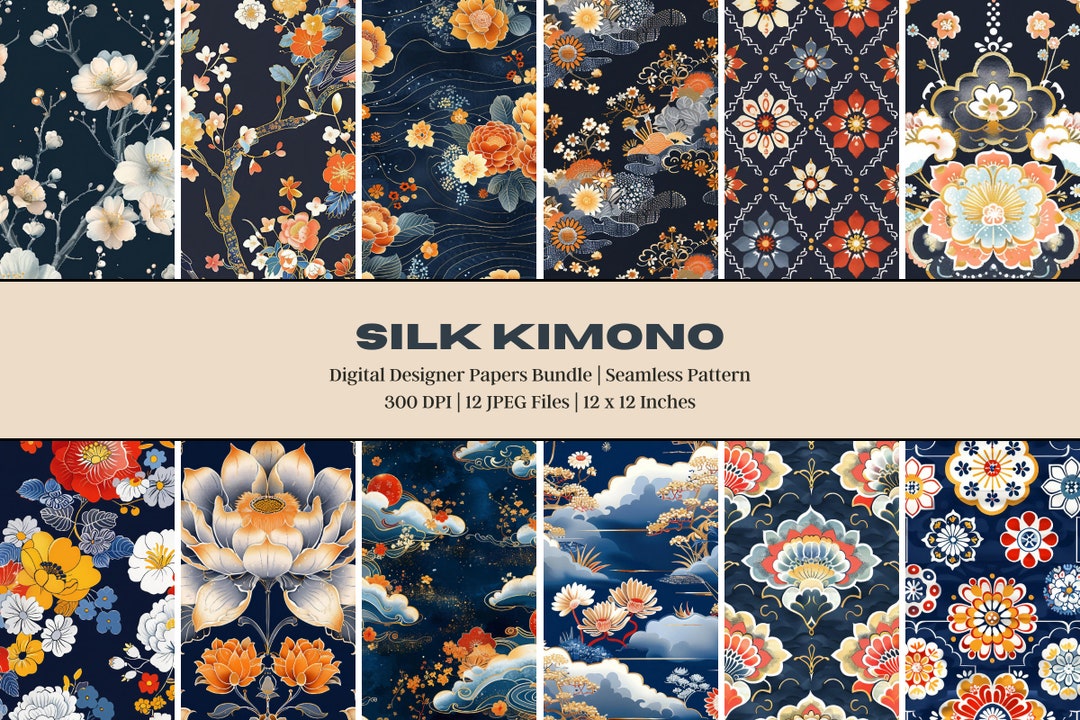 12 Silk Kimono Digital Paper, Navy Kimono, Japanese Silk Kimono, Floral ...